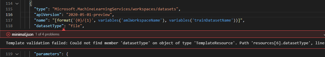 Unable To Deploy Azure Machine Learning Dataset Bicep Validates But Built Arm Does Not · Issue