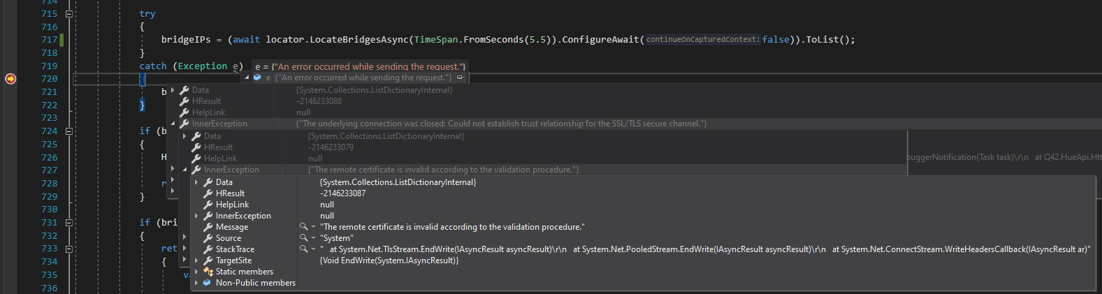 InnerException: The underlying connection was closed: Could not establish trust relationship for ...