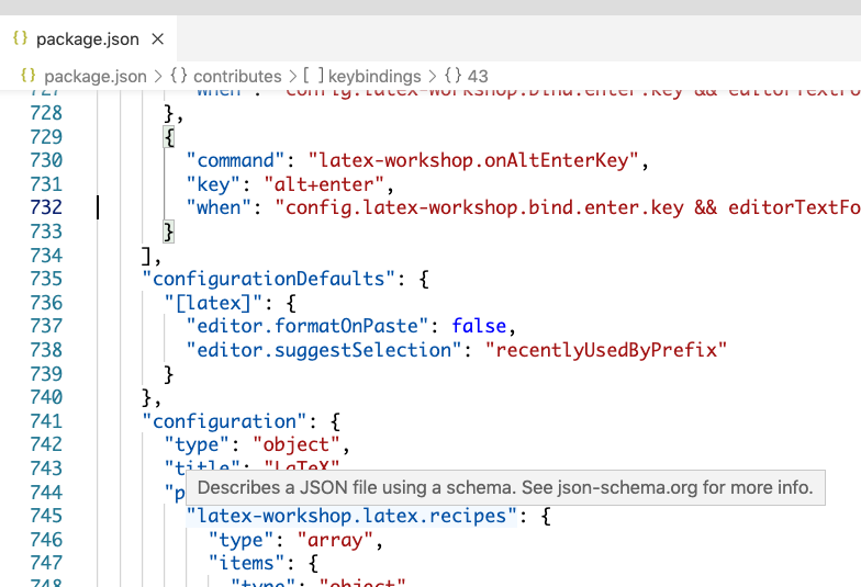 [configuration] `Describes a JSON file using a schema. ...` pops up ...