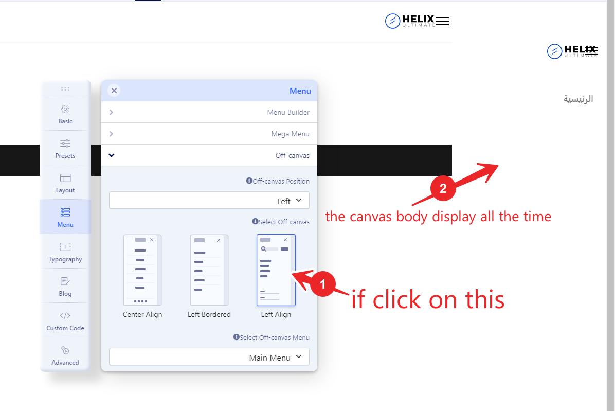 If Click On Option The Off Canvas Menu Body Display All The Time