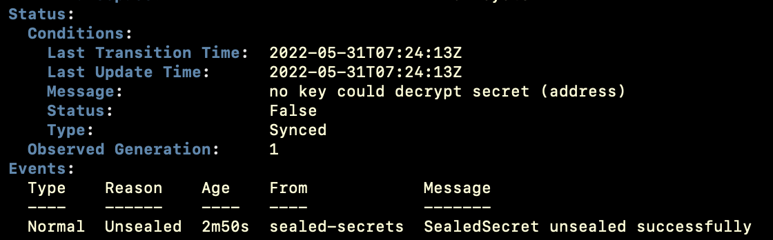 Status shows `no key could decrypt secret` for successful created ...