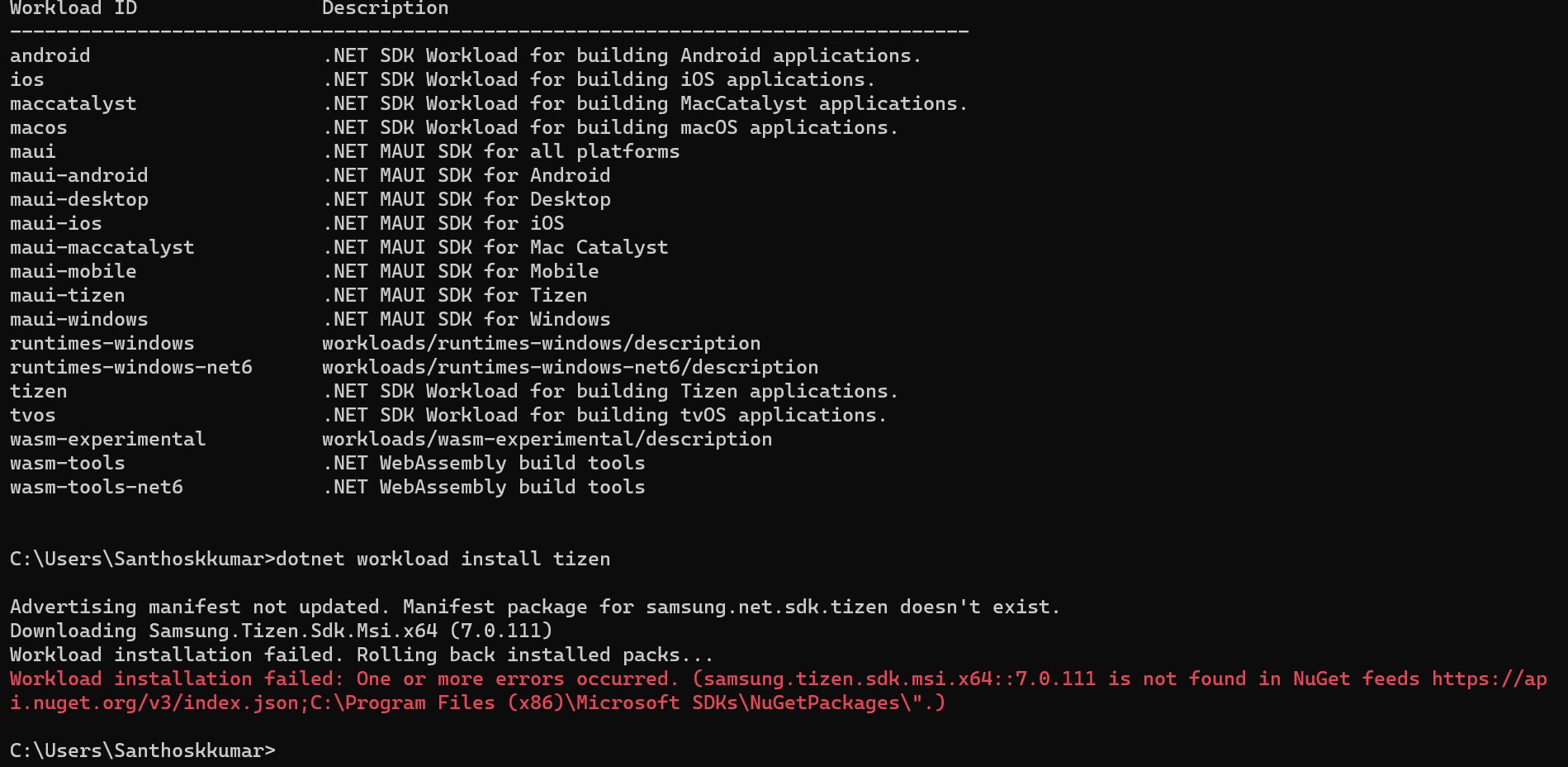 Workload installation failed. Tried reinstalling several times but facing the same issue ...