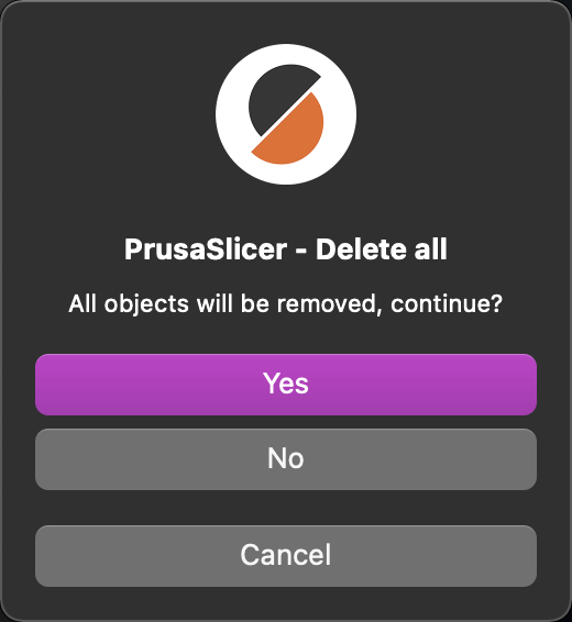 Feature Request : Suppress "Delete All" warning dialog · Issue #7290 · prusa3d/PrusaSlicer · GitHub