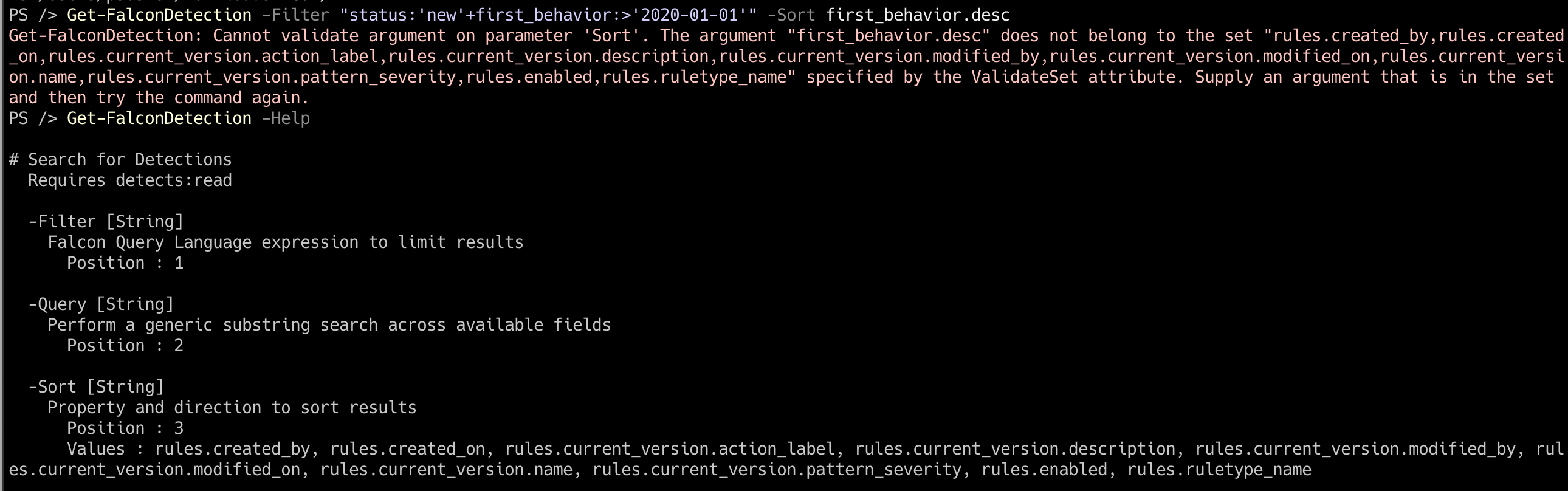 Get-FalconDetections sort not working · Issue #2 · CrowdStrike/psfalcon · GitHub
