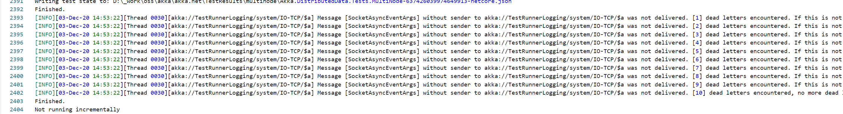 MultiNodeSpecs: turn off debug logging for all of them · Issue #4215 · akkadotnet/akka.net · GitHub