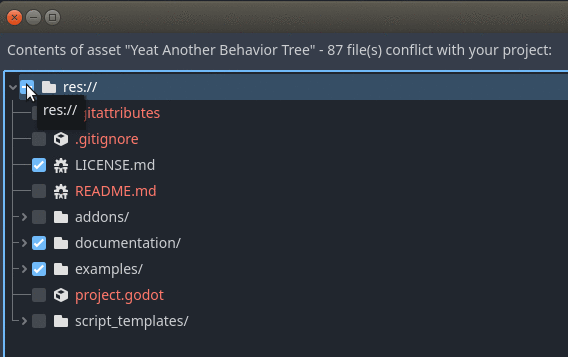 Asset Library Importing Add On With Files Already Present Prevents Disabling All Items By