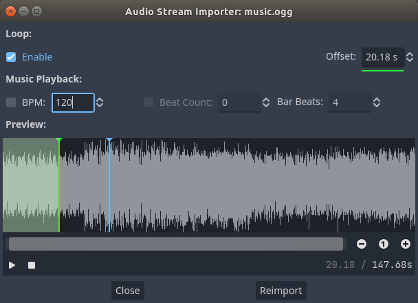 Audio Stream Importer: preview loop offset with colored vertical bar and drag it directly ...