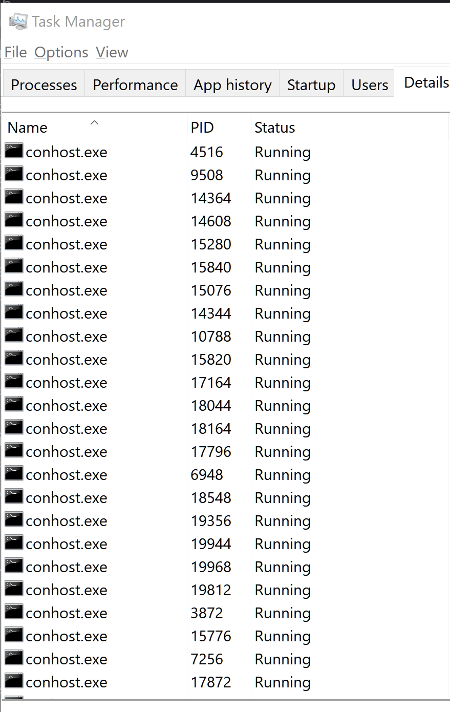 lot of conhost process open in task manager after continous stop/start debug sessions on local ...