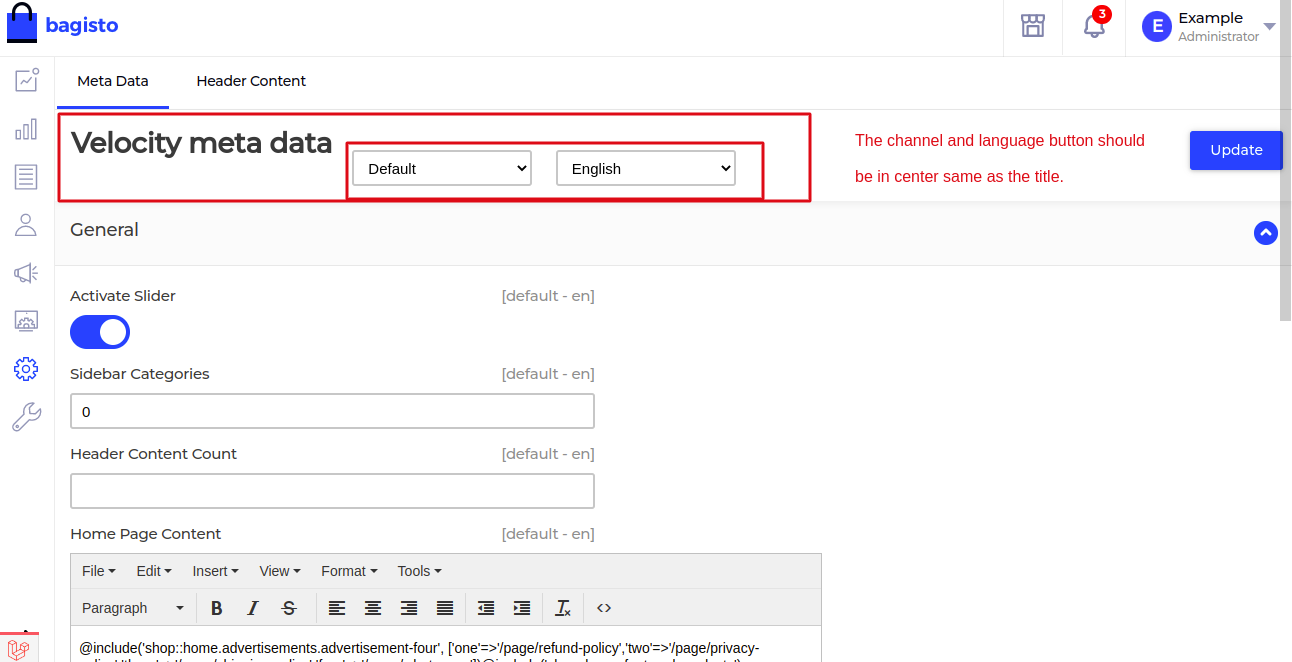 In the velocity metadata option the channels and language option should be in the center same as ...