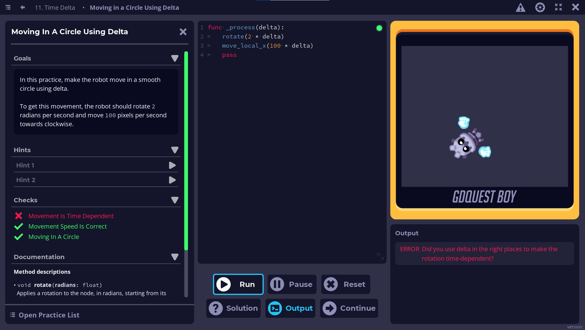 Lesson 11. Time Delta - Moving in a circle using delta: minor issue with not passing · Issue ...