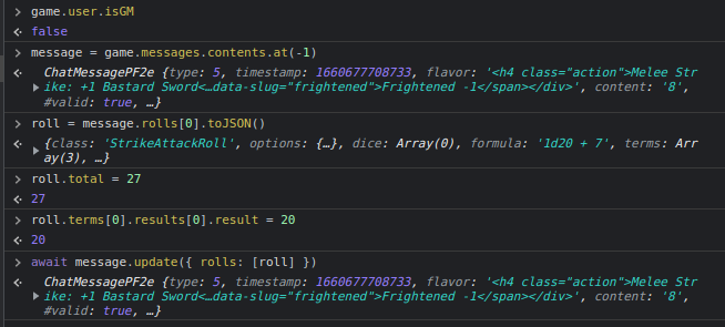 `BaseChatMessage##canUpdate` checks the old `roll` property instead of `rolls` · Issue #7831 ...