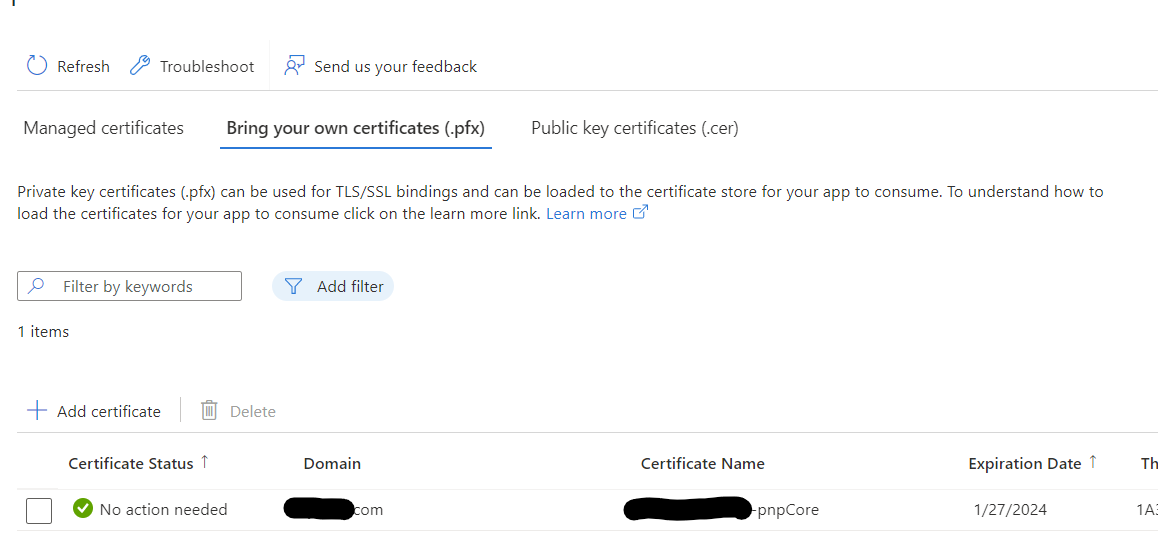 Certificate not being loaded in Azure App Service · pnp pnpcore · Discussion #1151 · GitHub
