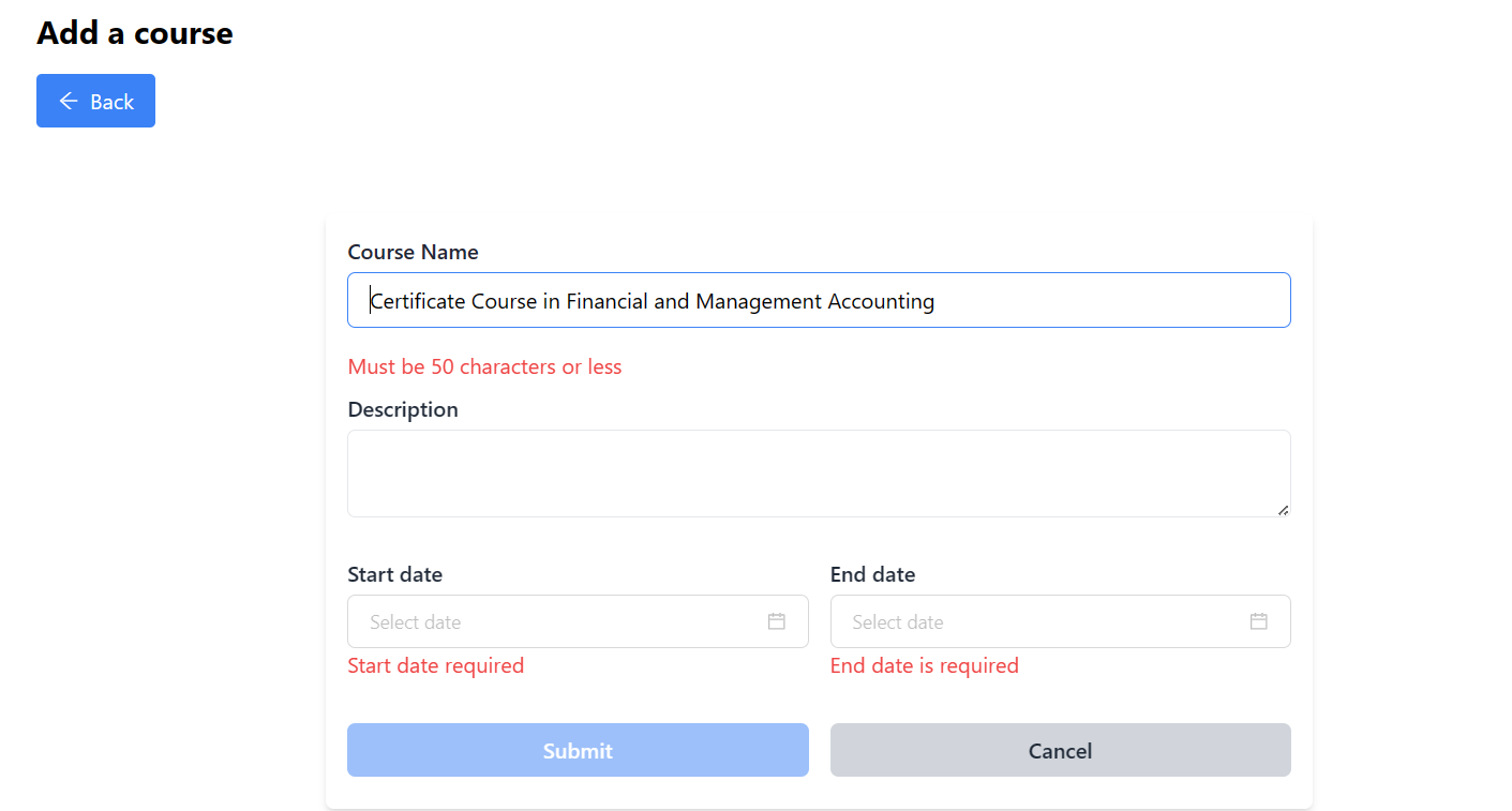 Add a Course | Better to increase the Course Name character length · Issue #206 · bistecglobal ...