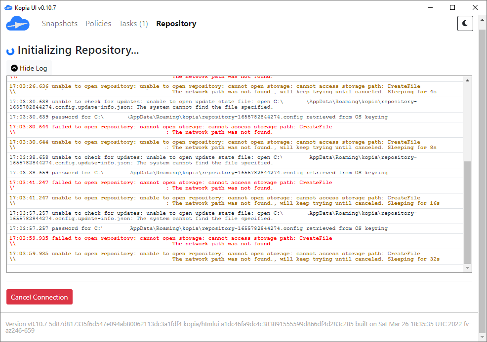 Bug Kopiaui Not Failing Gracefully If Cannot Connect To Repository · Issue 2069 · Kopiakopia