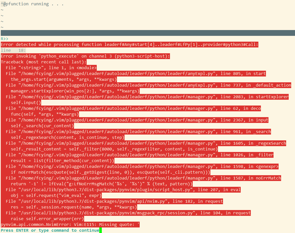 nvim下用leaderf line查看有特殊符号的log文件出错pynvim.api.common.NvimError: Vim:E115: Missing quote: ' · Issue ...