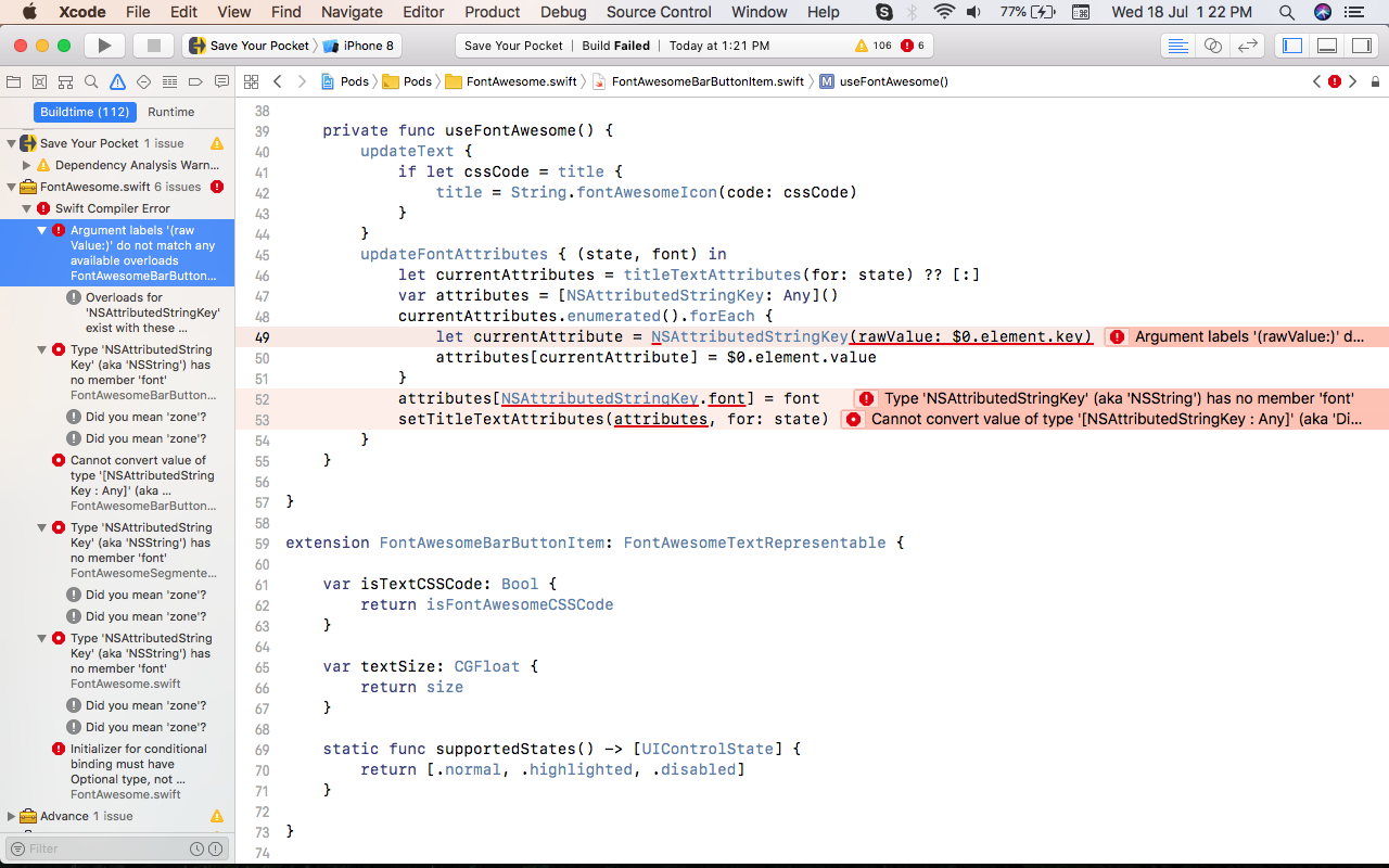 Cannot convert value of type '[NSAttributedStringKey : Any]' (aka 'Dictionary ') to expected ...
