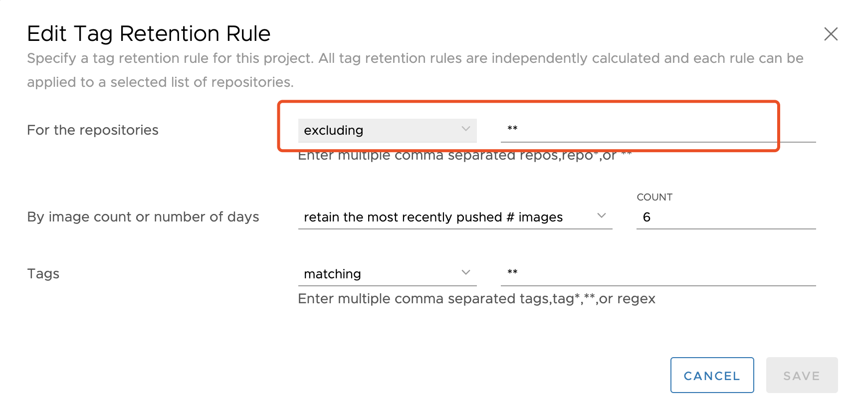 Tag retention rule should not created when repo exclude all · Issue #8816 · goharbor/harbor · GitHub