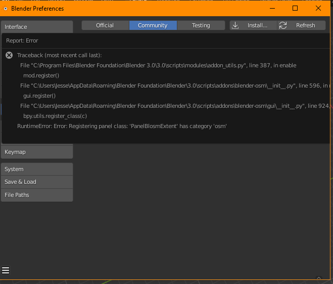 "RuntimeError: Error: Registering panel class: 'PanelBlosmExtent' has ...