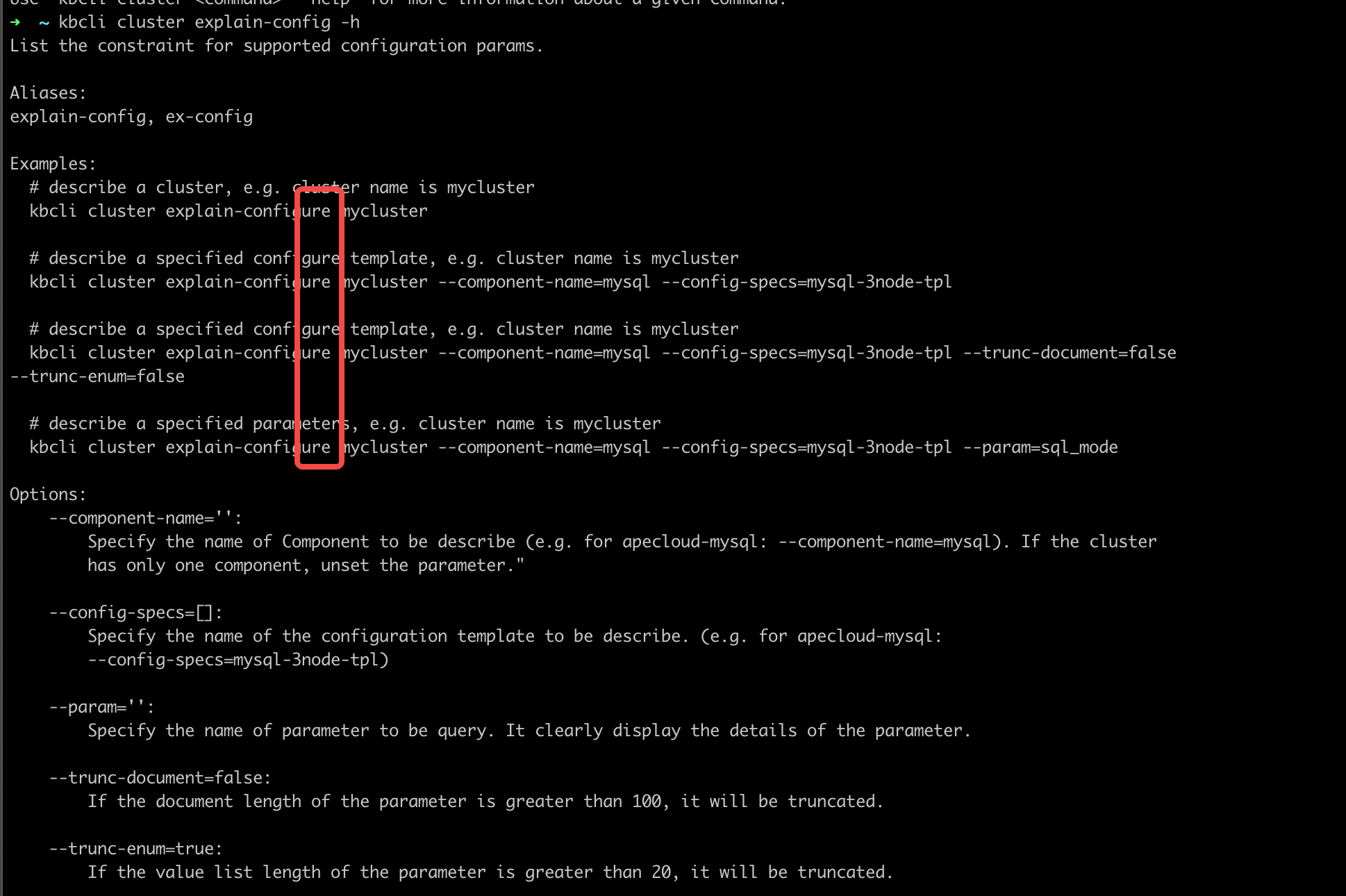 [BUG] The example commands is inconsistent with `describe-config` · Issue #2454 · apecloud ...