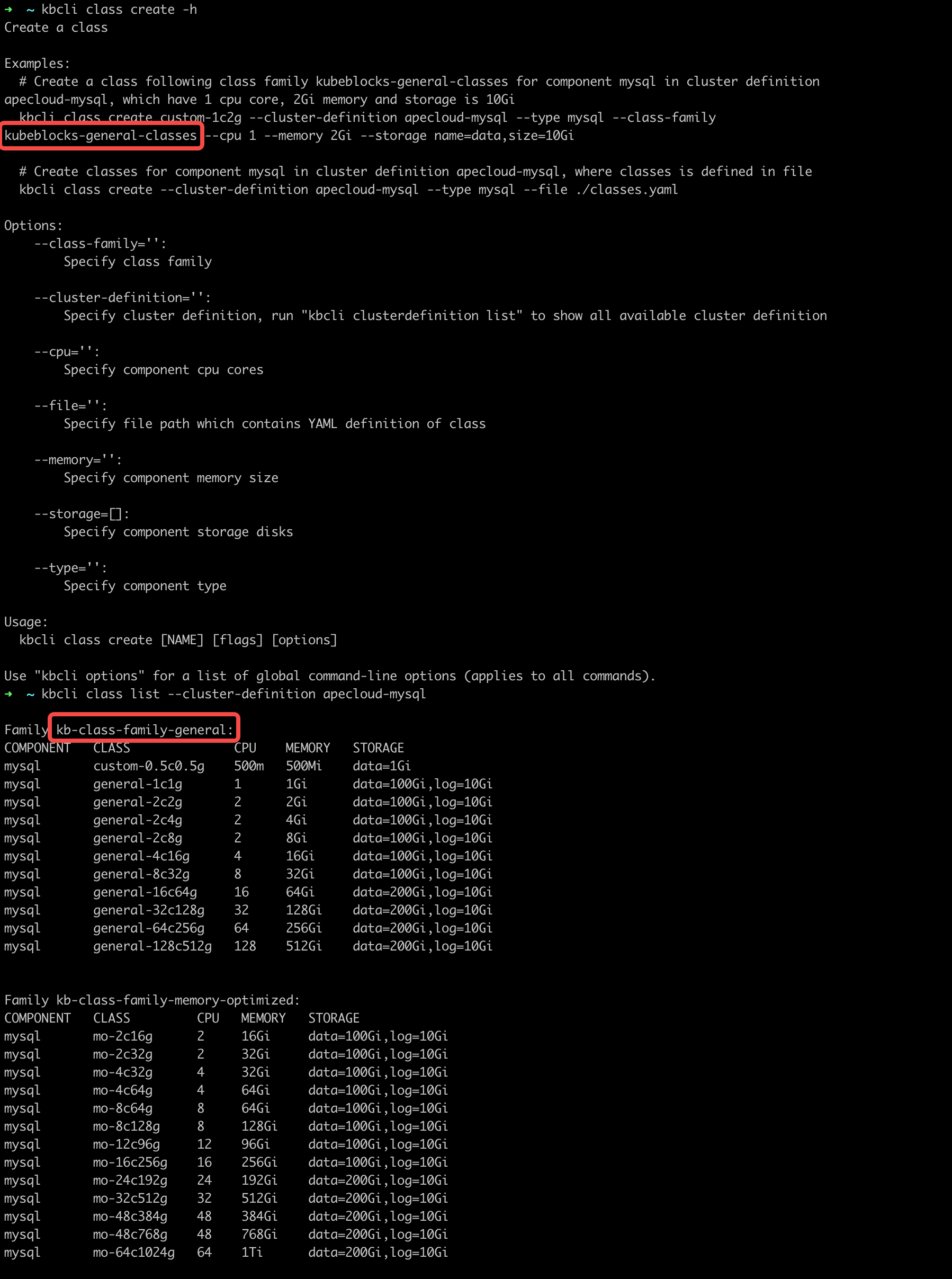 [BUG]kbcli class create -h class-family name in example is inconsistent with the actual name ...