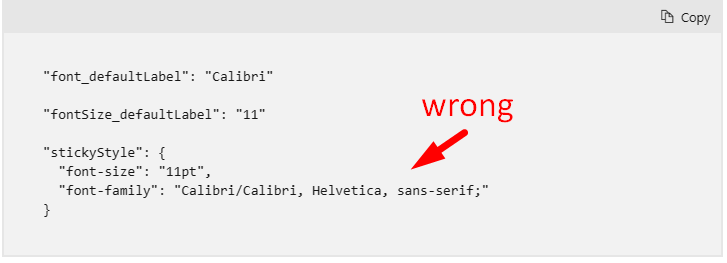 syntax error in the example on how to set the default font to Calibri with font-size 11pt ...