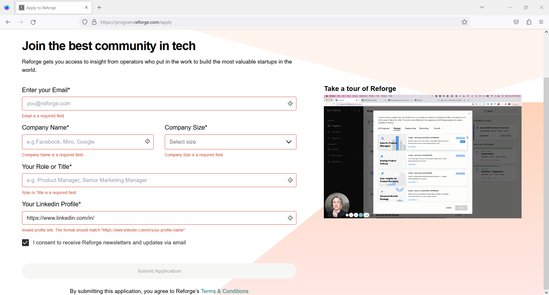 program.reforge.com - A large exclamation mark is displayed after returning back to the page ...