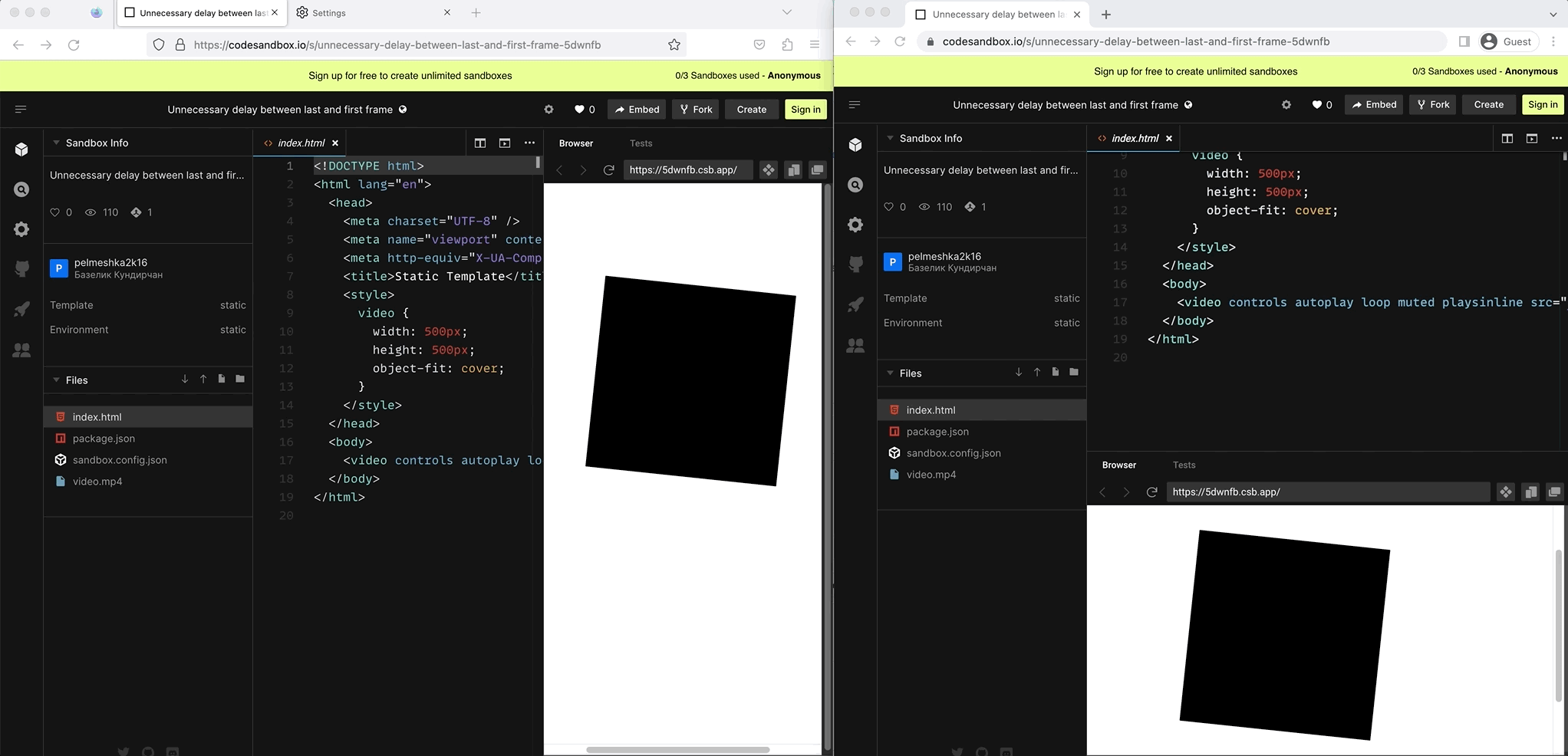 codesandbox.io - HTML video tag: unnecessary delay between last and ...