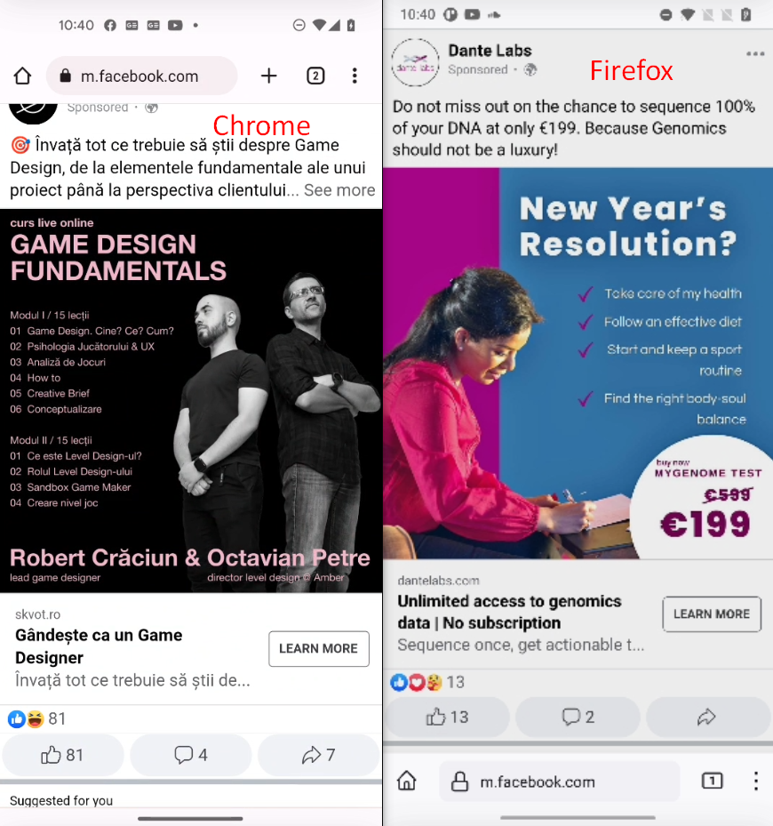 m.facebook.com - changes in font size from the phone settings updates ...