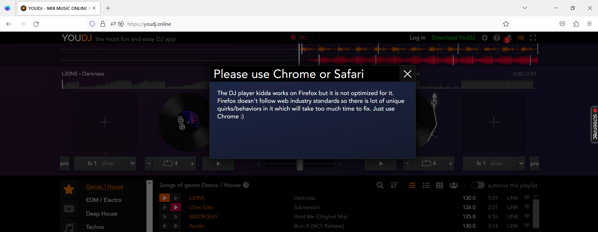 youdj.online - Not supported/optimized · Issue #116380 · webcompat/web-bugs · GitHub