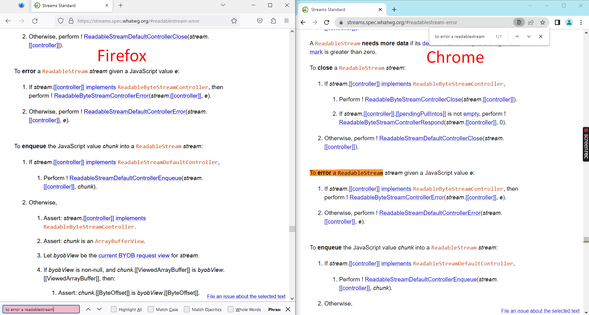 streams.spec.whatwg.org - unable to search on the page certain keywords · Issue #116631 ...