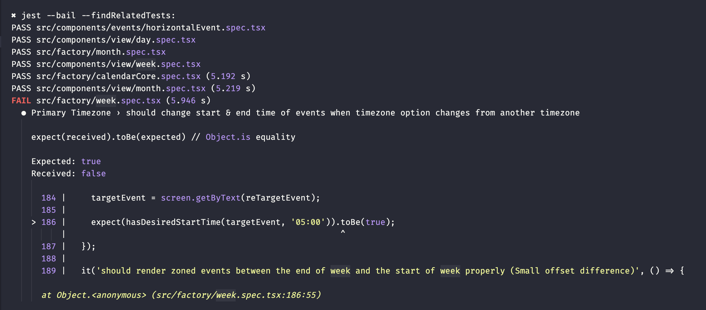 in the recent code, one test fails in 'src/factory/week.spec.tsx' file ...