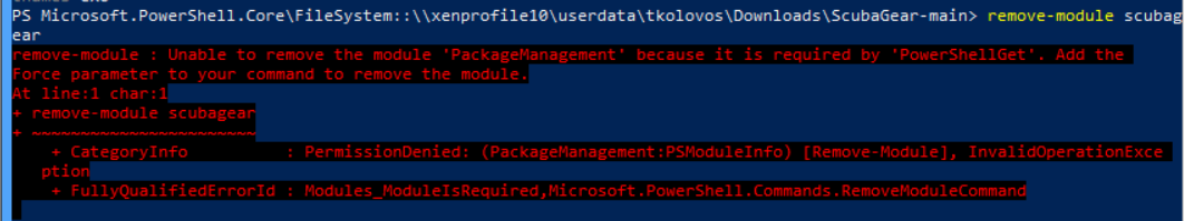 remove-module causes an error if you ran EXO or Defender before removing the ScubaGear module ...