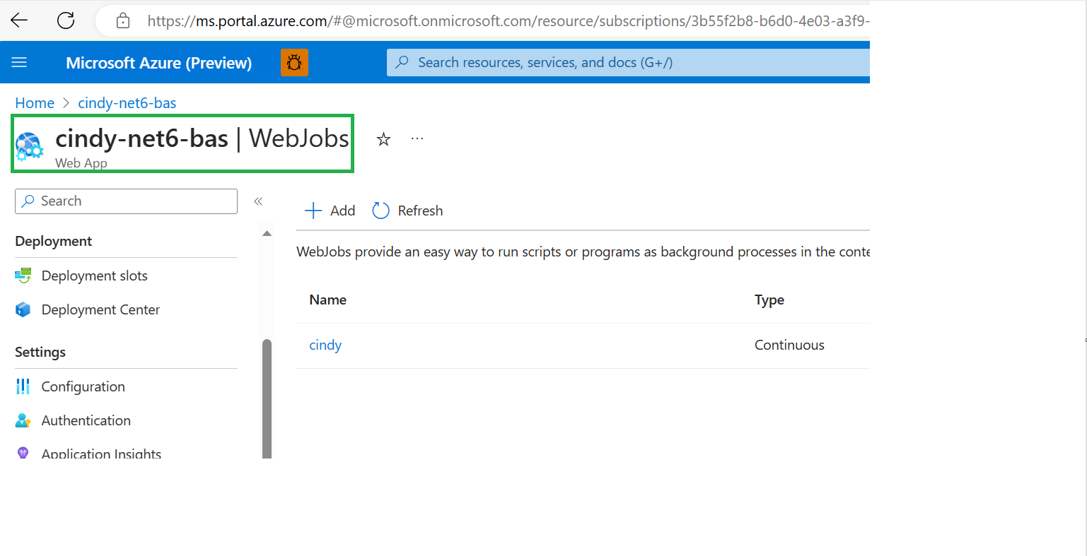 Unable to navigate to the 'WebJobs' page after executing "Open in Portal" action from the ...