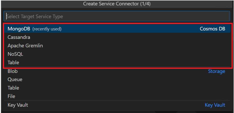 There is no "+Create new Azure Database Server" when selecting Cosmos DB target service types ...