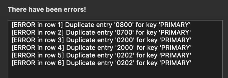Incorrect ERRORs reported when importing csv file - Duplicate entry for Primary keys · Issue ...