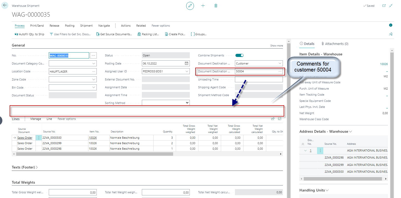 Show Comments on Documents - CWS connector with Warehouse Shipment ( WI ...