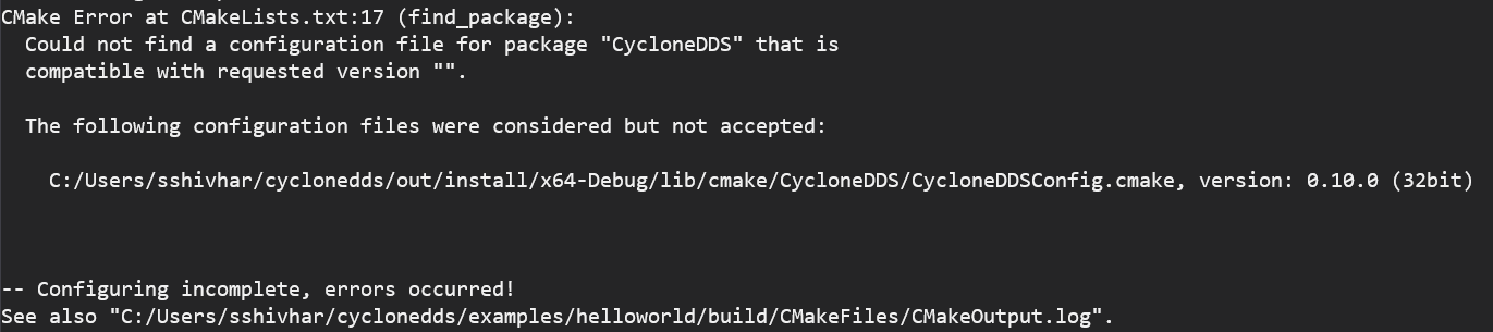 Could not find a configuration file for package "CycloneDDS" that is compatible with requested ...