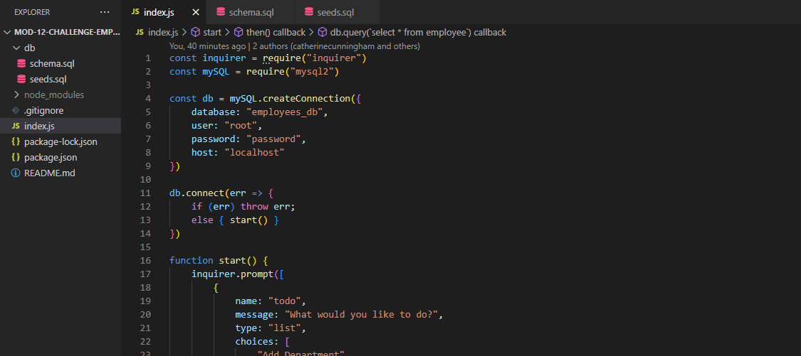 GitHub - catherinecunningham/mod-12-challenge-employeetracker
