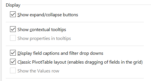PivotTable Options Display as classic PivotTable Layout and Field ...