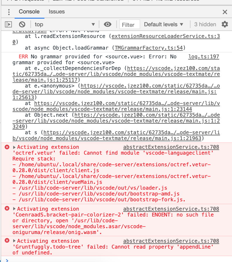 3.6.1 Activating extension 'octref.vetur' failed · Issue #2236 · coder/code-server · GitHub