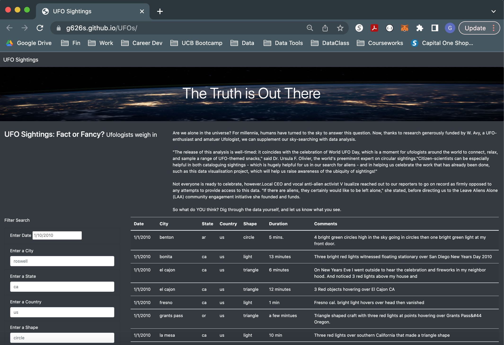 GitHub - g626s/UFOs: Created a website that displays UFO-sightings data and built a table using ...