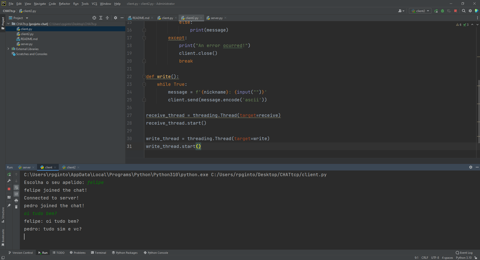 GitHub - felipesphair/ChatTCP: chat via tcp onde os programas conseguem se conectar no servidor ...