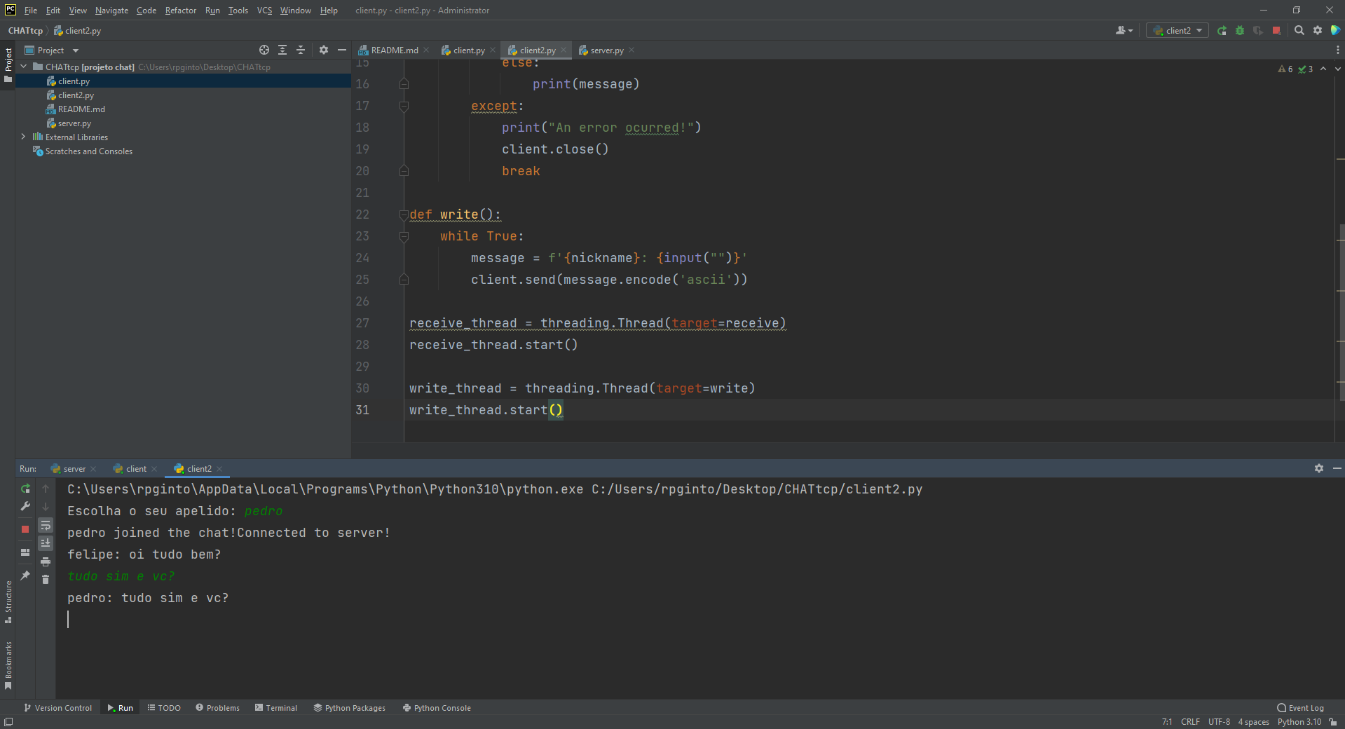 GitHub - felipesphair/ChatTCP: chat via tcp onde os programas conseguem se conectar no servidor ...