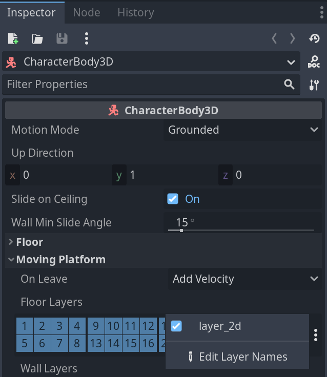 In Editor CharacterBody3D Floor Layers and Wall Layers use 2D Physics layer name settings ...
