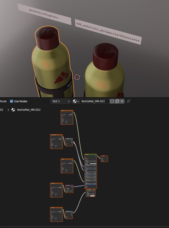 Imported Nodes for SpecGlossVsMetalRough sample model are not all using Principled BSDF + Export ...