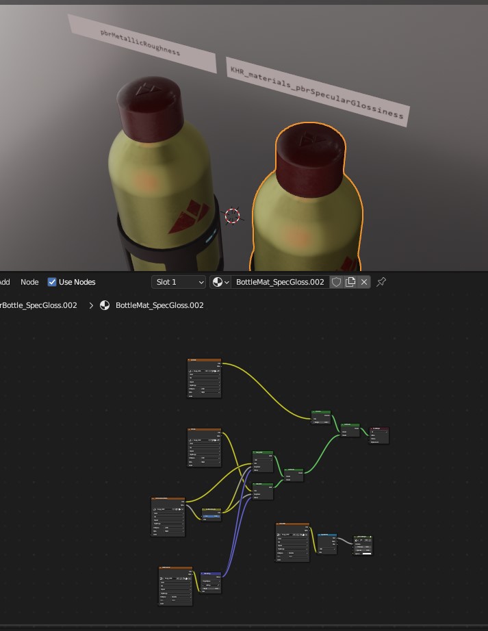 Imported Nodes for SpecGlossVsMetalRough sample model are not all using Principled BSDF + Export ...