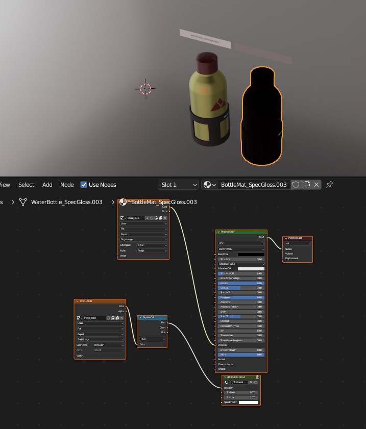 Imported Nodes for SpecGlossVsMetalRough sample model are not all using Principled BSDF + Export ...