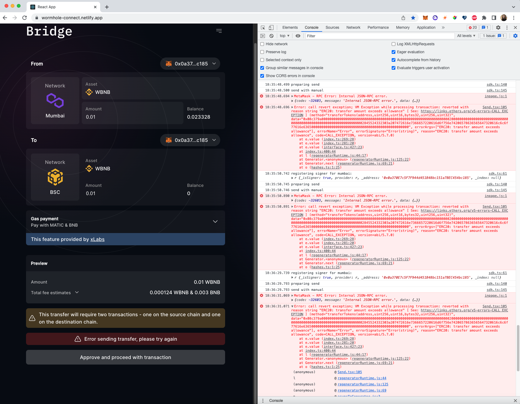 [QA] Bug sending ERC-20 tokens from BSC · Issue #218 · wormhole-foundation/wormhole-connect · GitHub
