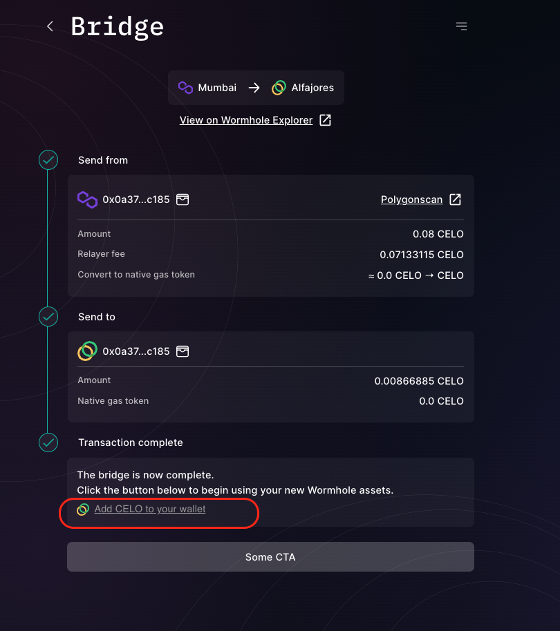 [QA] Link “Add CELO to your wallet” should not be displayed in “Transaction complete” section ...