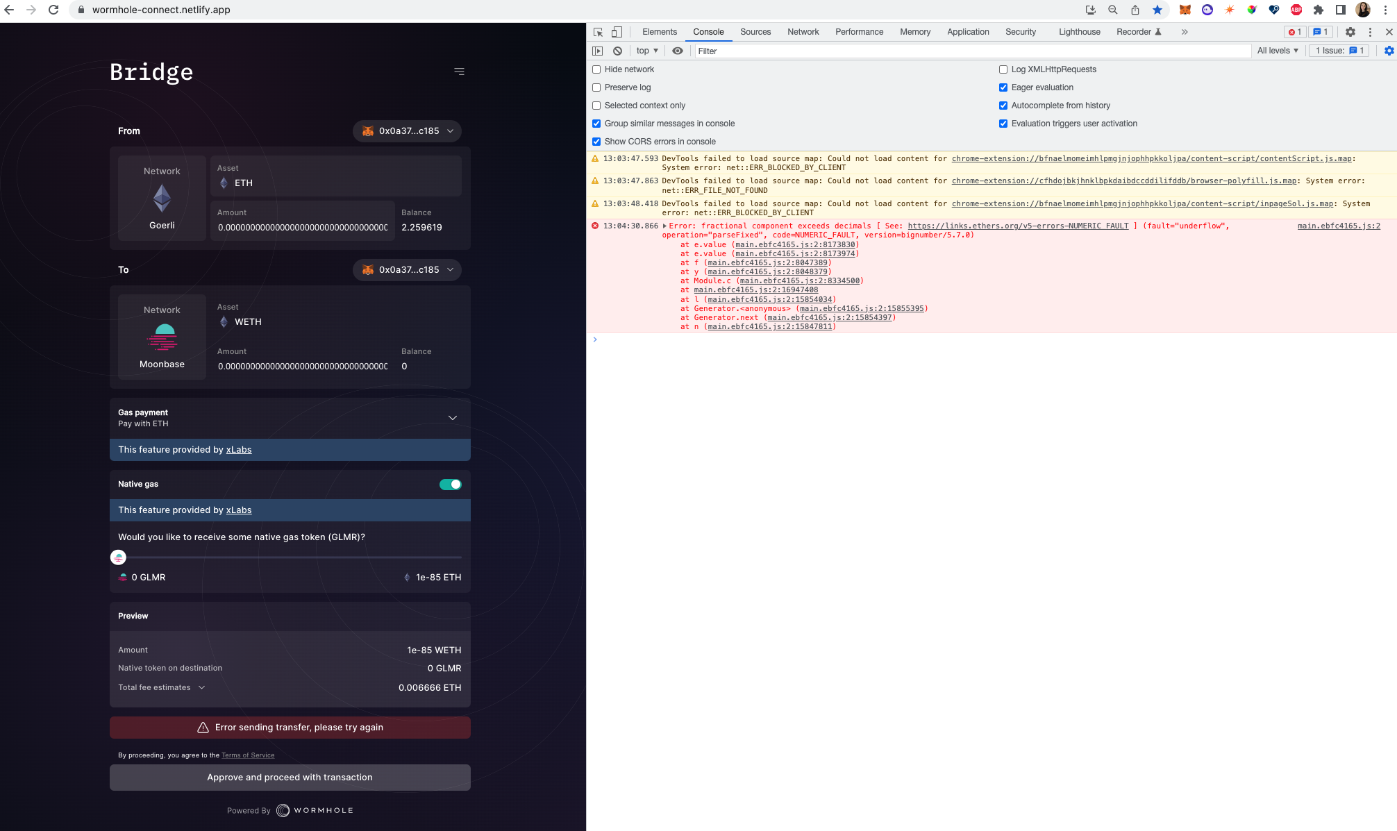 [QA] “Error: fractional component exceeds decimals” appears when user sends too small amount ...